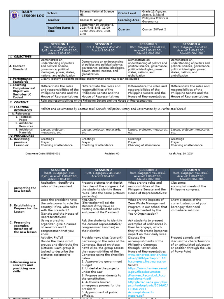 BNSHS-001-00-August-30-2024-DLL-Template-4-sessions PPG Q2 Week 2 | PDF