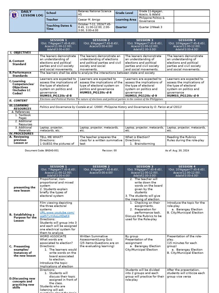 BNSHS-001-00-August-30-2024-DLL-Template-4-sessions PPG Q2 Week 3 | PDF