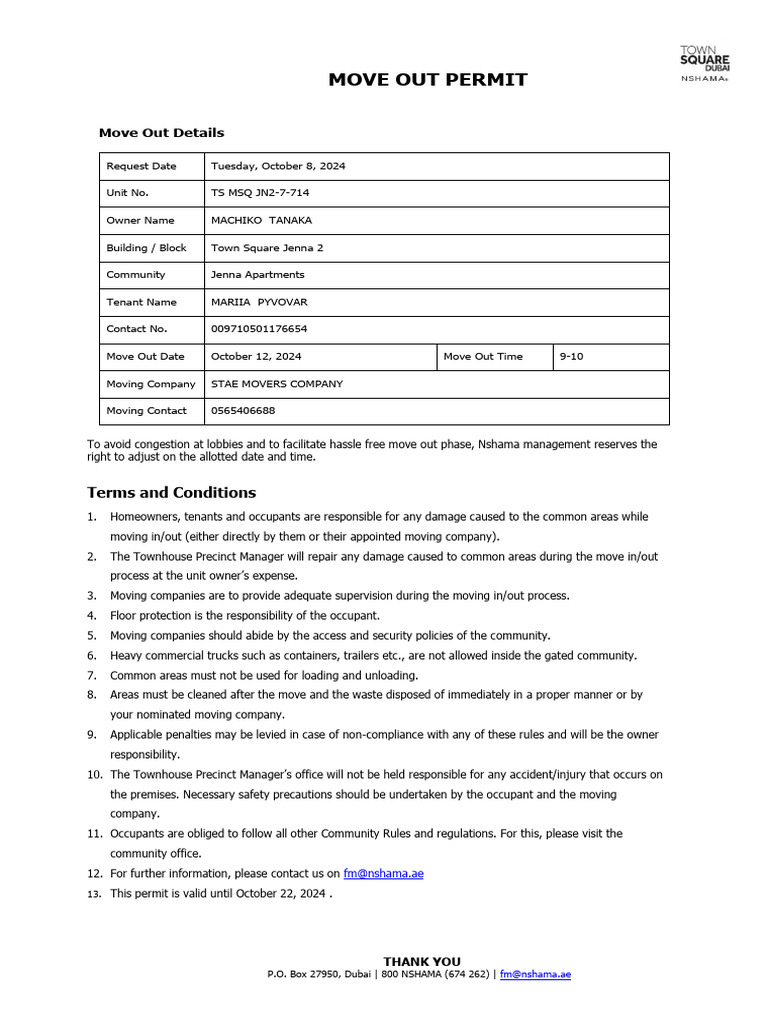 Move-Out Permit For TS MSQ JN2!7!714 | PDF