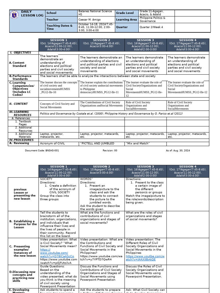 BNSHS-001-00-August-30-2024-DLL-Template-4-sessions PPG Q2 Week 4 | PDF