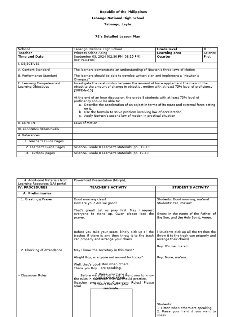 Second Law of Motion DLP Science 8 | PDF