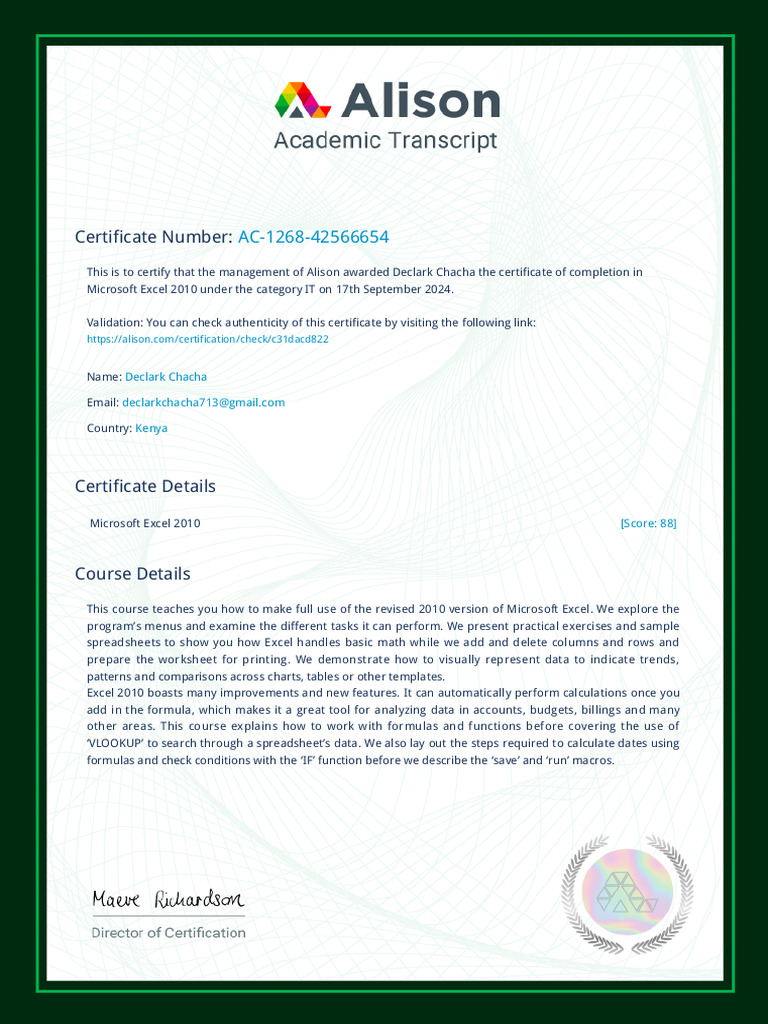 Alison Certificate Transcript Microsoft Excel 2010 | PDF