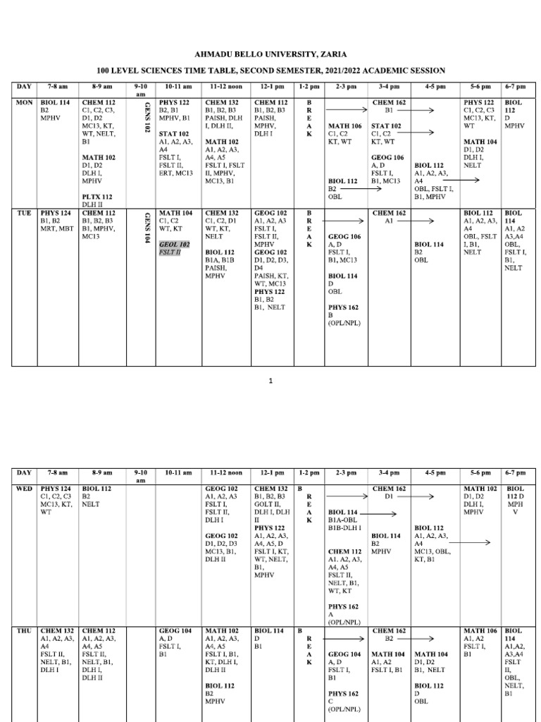 100L Science Timetable Final | PDF