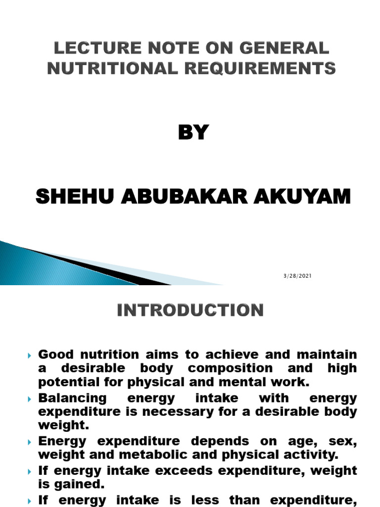 Lecture Note On General Nutritional Requirements | PDF
