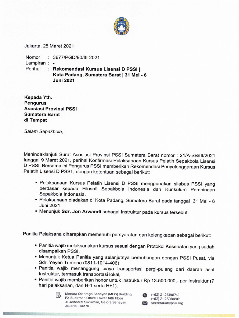 Surat Rekomendasi Kursus Lisensi D PSSI-Padang 30 Mei 2021 | PDF