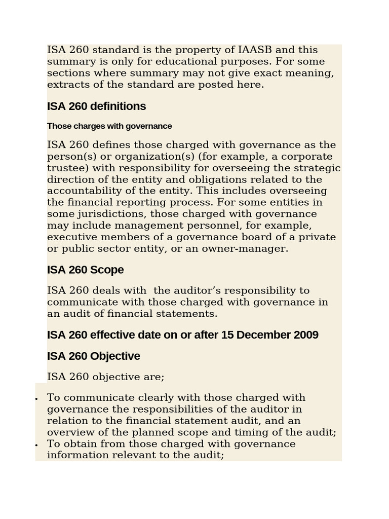 ISA 260 Standard Is The Property of IAASB and This Summary Is Only For Educational Purposes ...