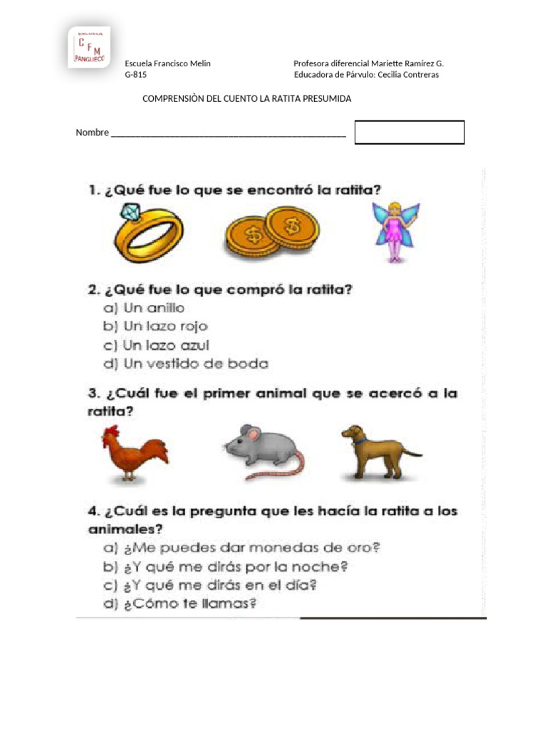 COMPRENSIÒN DEL CUENTO LA RATITA PRESUMIDA | PDF