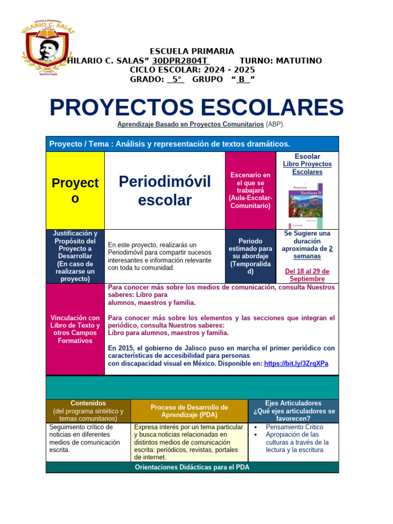 Proyecto Escolar: Periodimóvil 5°B | PDF | Evaluación | Arte