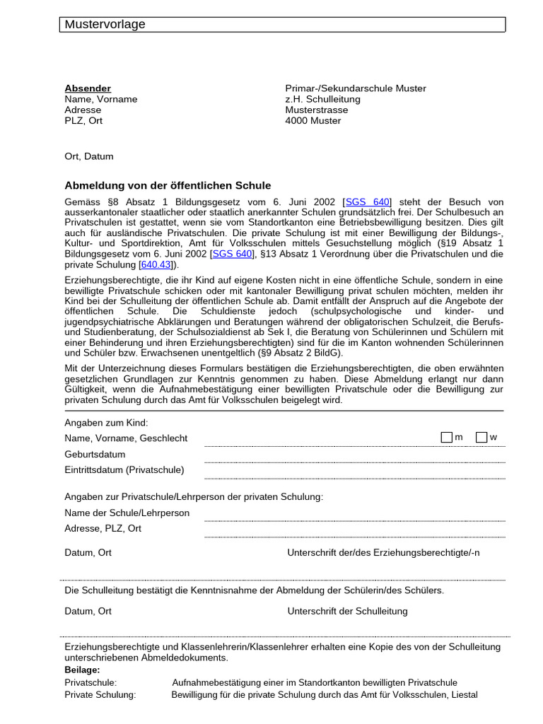 Formular Abmeldung Von Der Öffentlichen Schule | PDF