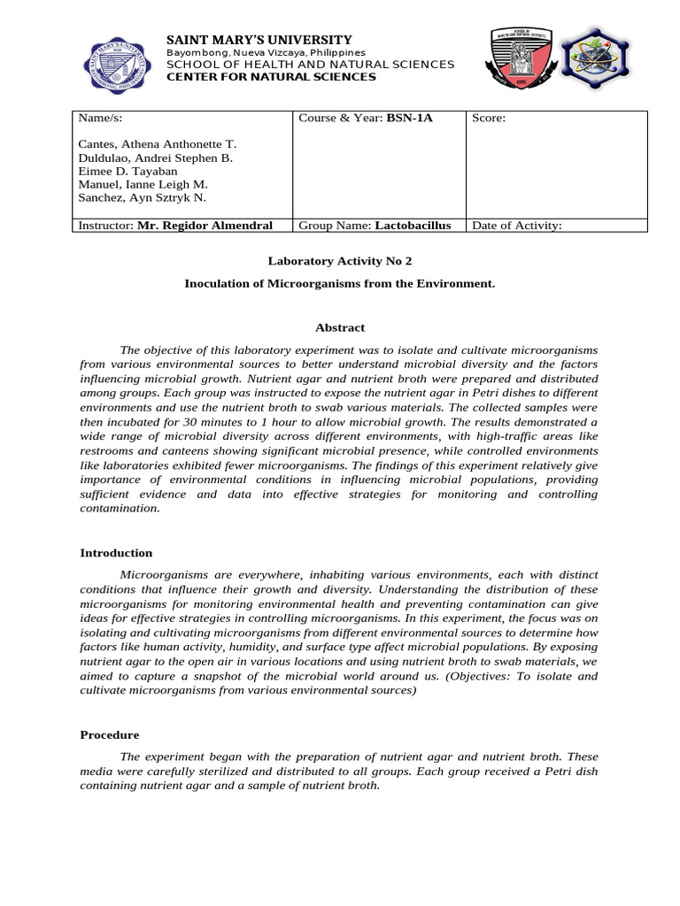 LACTOBACILLUS G3 Lab Act 2. Inoculation of Microorganisms From The Environment. | PDF