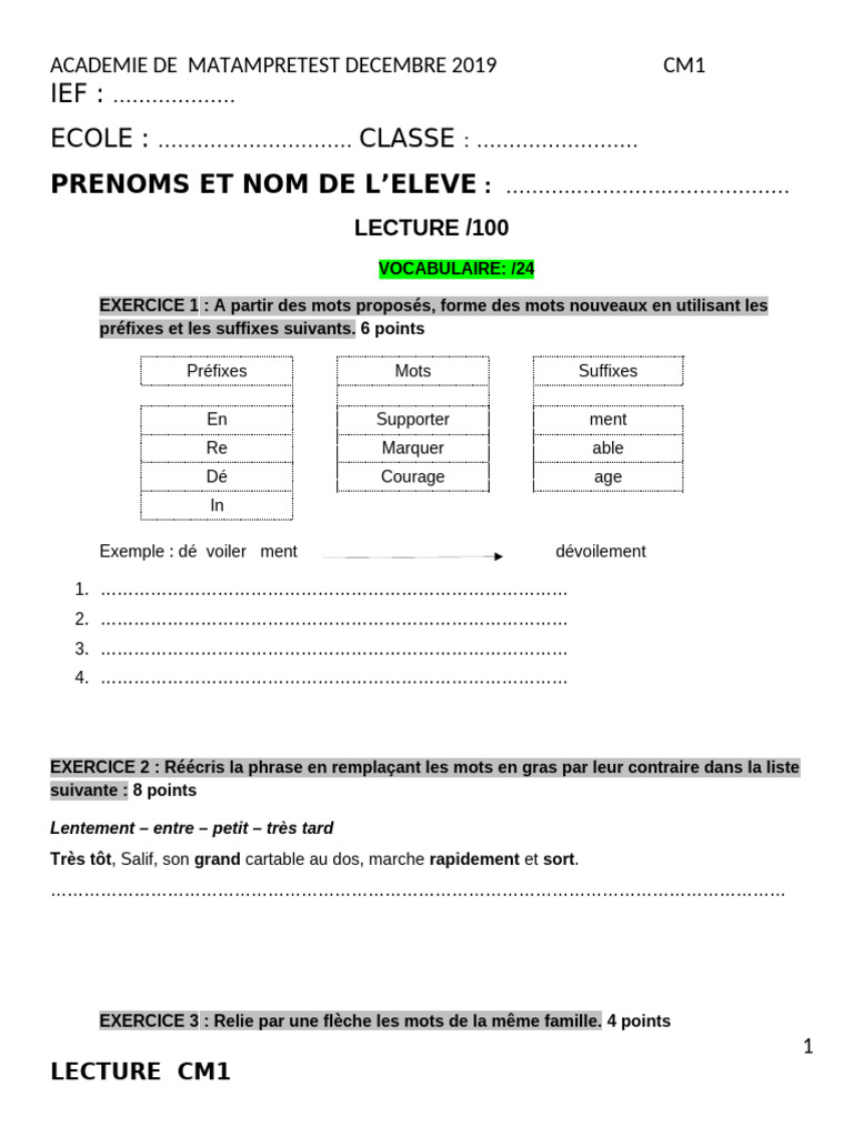 Prétest IEF CM1 Novembre 2019 | PDF