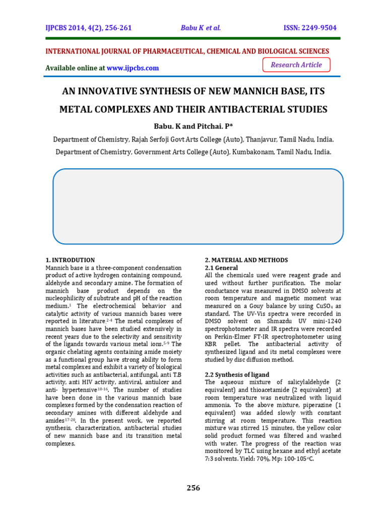 An Innovative Synthesis of New Mannich Base Itsmetal Complexes and Their Antibacterial Studies | PDF