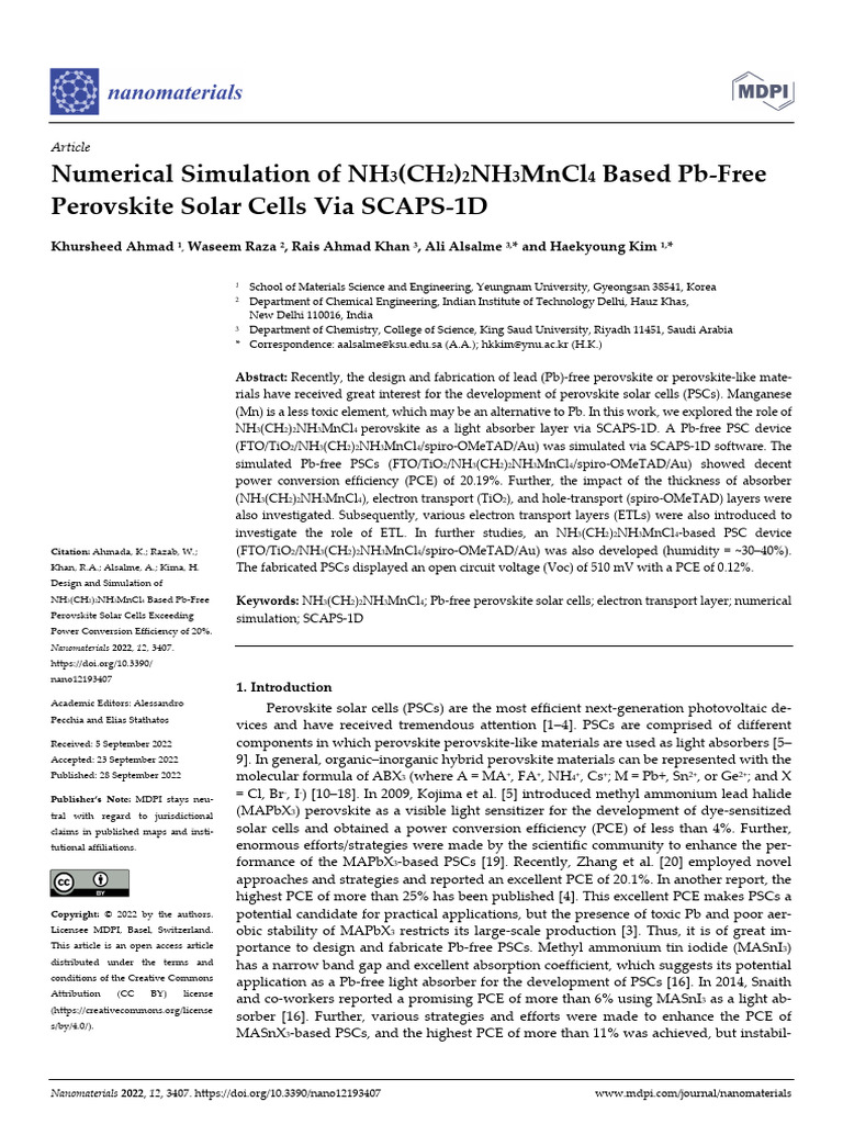 Numerical Simulation of NH3CH22NH3MnCl4 Based Pb-F-1 | PDF