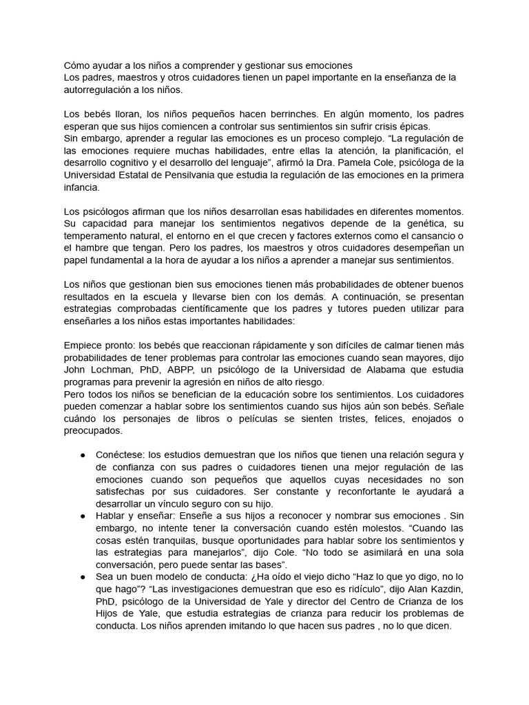 Cómo Ayudar A Los Niños A Comprender y Gestionar Sus Emociones | PDF | Las emociones | Salud y ...