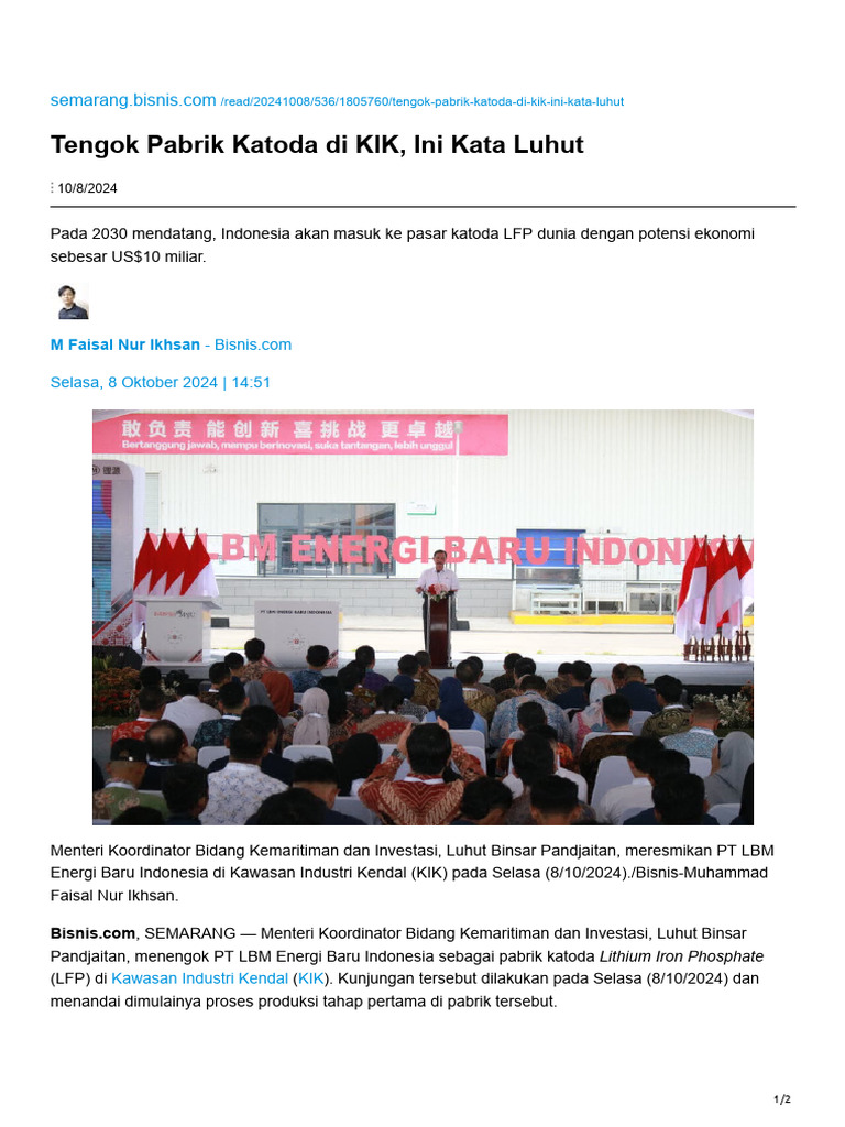 Tengok Pabrik Katoda Di KIK Ini Kata Luhut | PDF