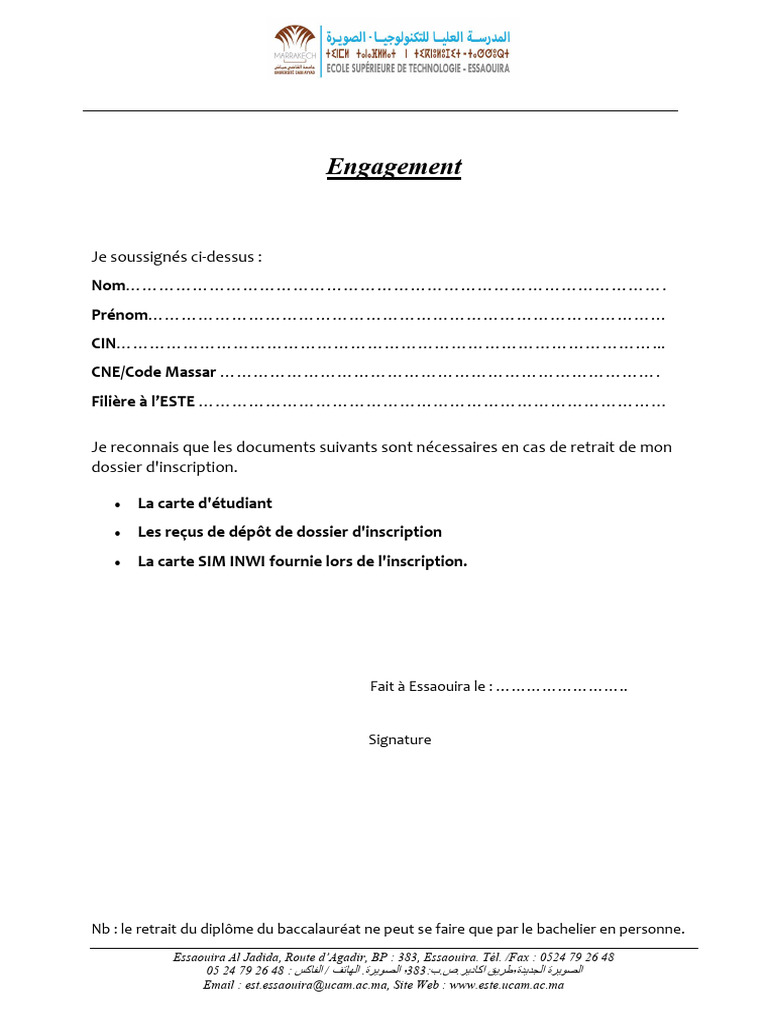 Engagement: Nom Prénom CIN CNE/Code Massar Filière À l'ESTE | PDF
