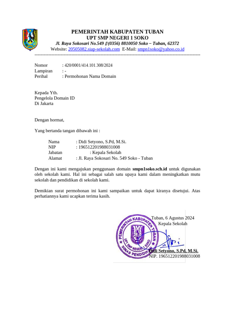 Surat Persyaratan Order Domain Sekolah | PDF