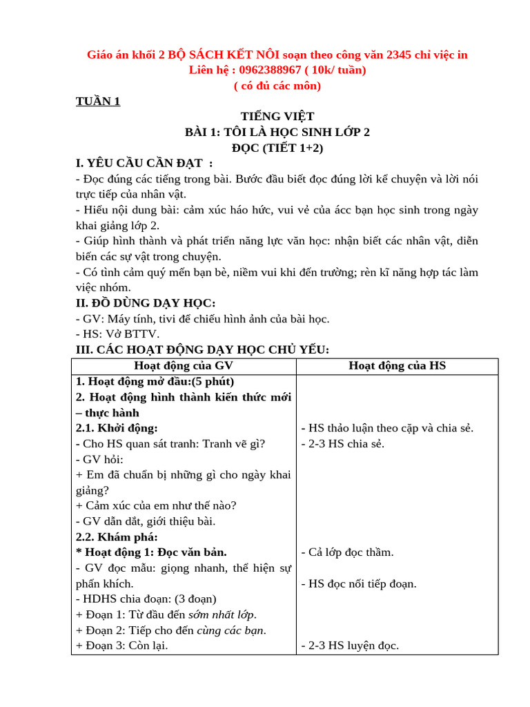 Giao An Lop 2 Bo Ket Noi Theo CV 2345 Tron Bo 27779 | PDF