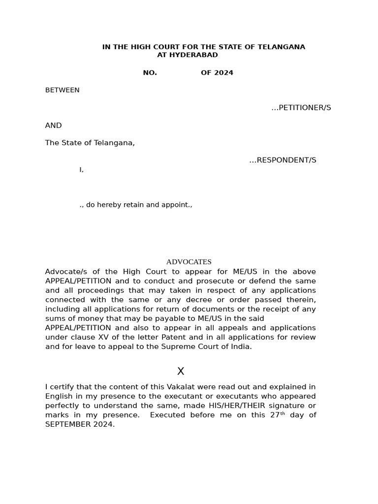 Telangana High Court Vakalatnama Form | PDF | Law