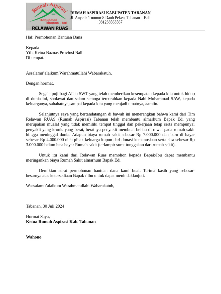 Surat Permohonan Dana Baznas Provinsildan TAbanan | PDF
