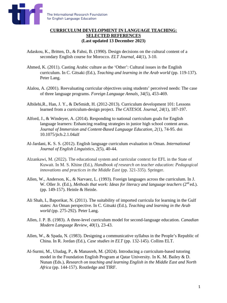 CurriculumDevelopmentInLanguageTeaching__SelectedReferences_13December2023 | PDF | English As A ...
