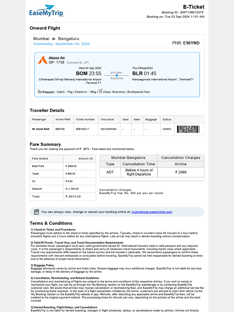 EaseMyTrip Flight E-Ticket For Flights | PDF