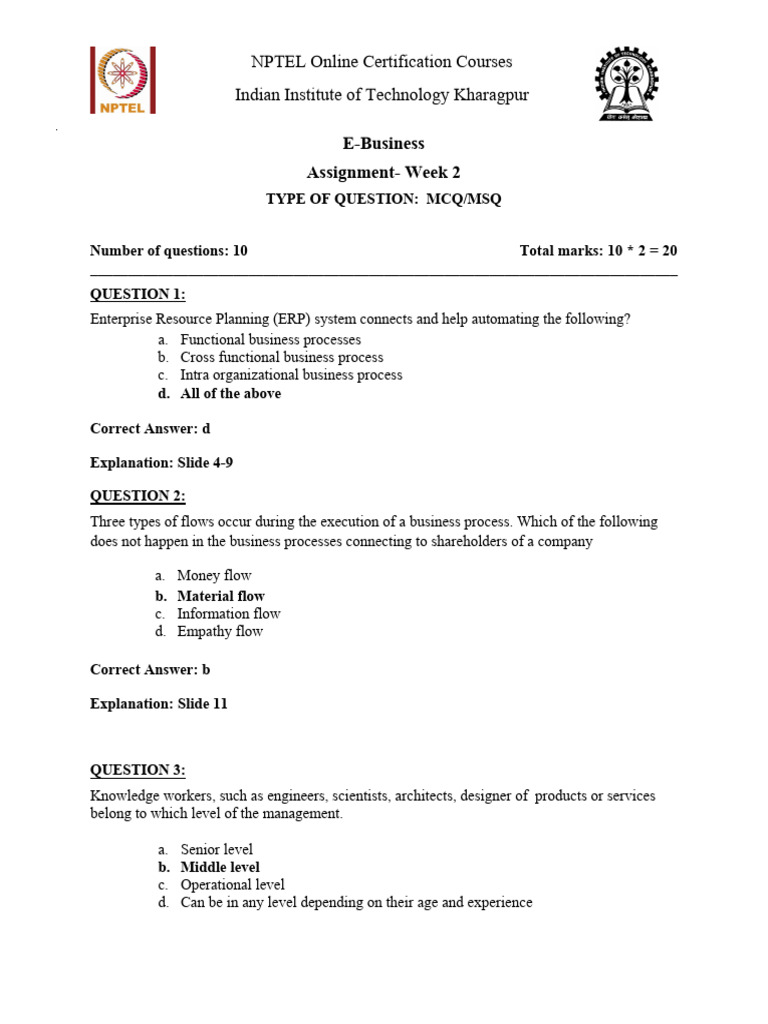 Week 2 NPTEL E-Business 2024 | PDF