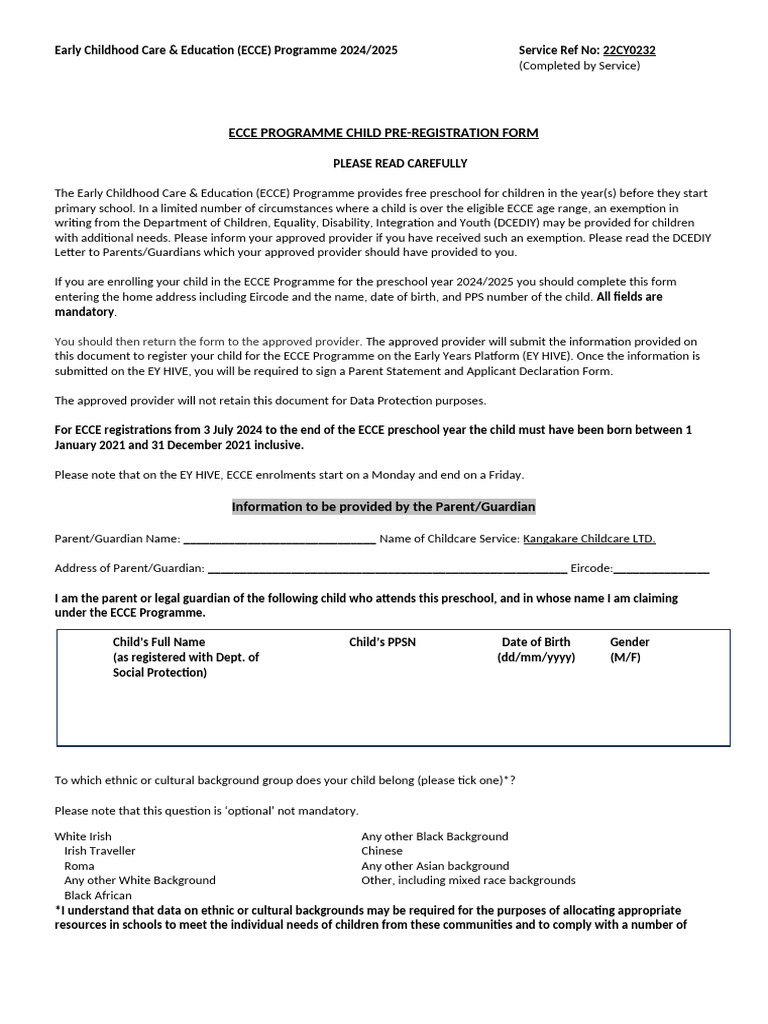 Ecce Programme Child Pre Registration | PDF