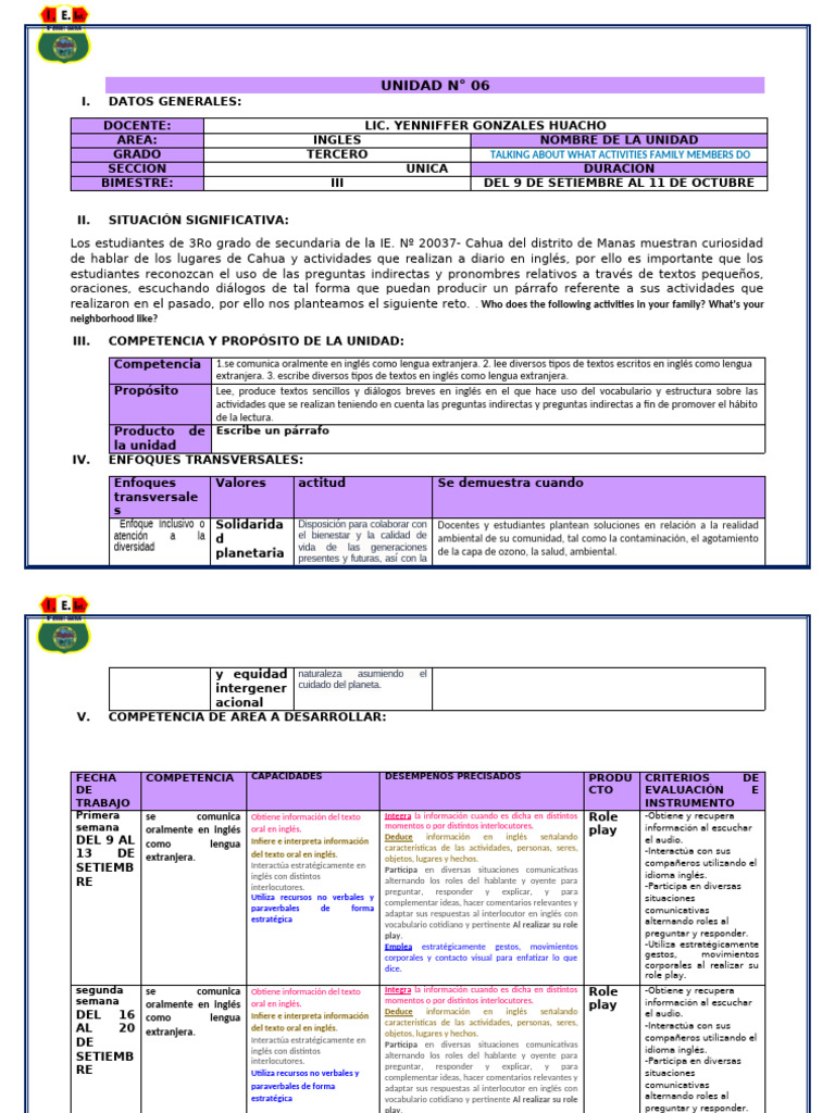 UNIDAD VI INGLES 3ro | PDF