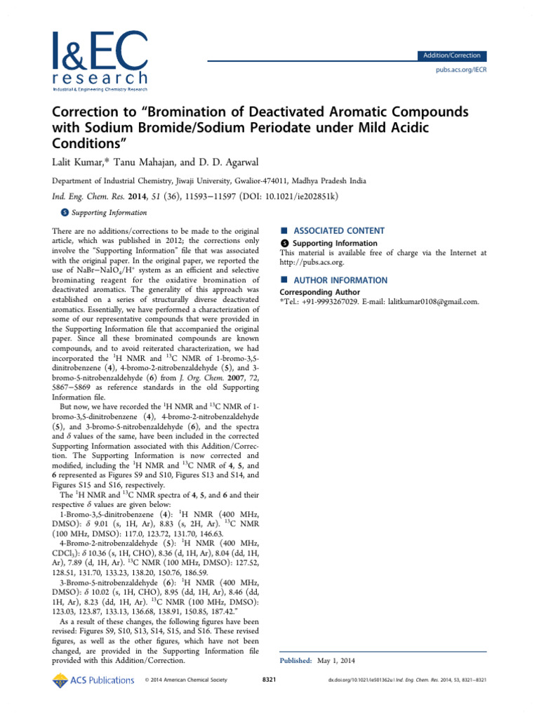 Kumar Et Al 2014 Correction To Bromination of Deactivated Aromatic ...