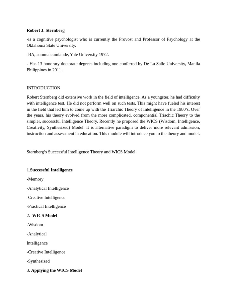Sternberg's Successful Intelligence Theory and WICS Model Fact Sheet ...