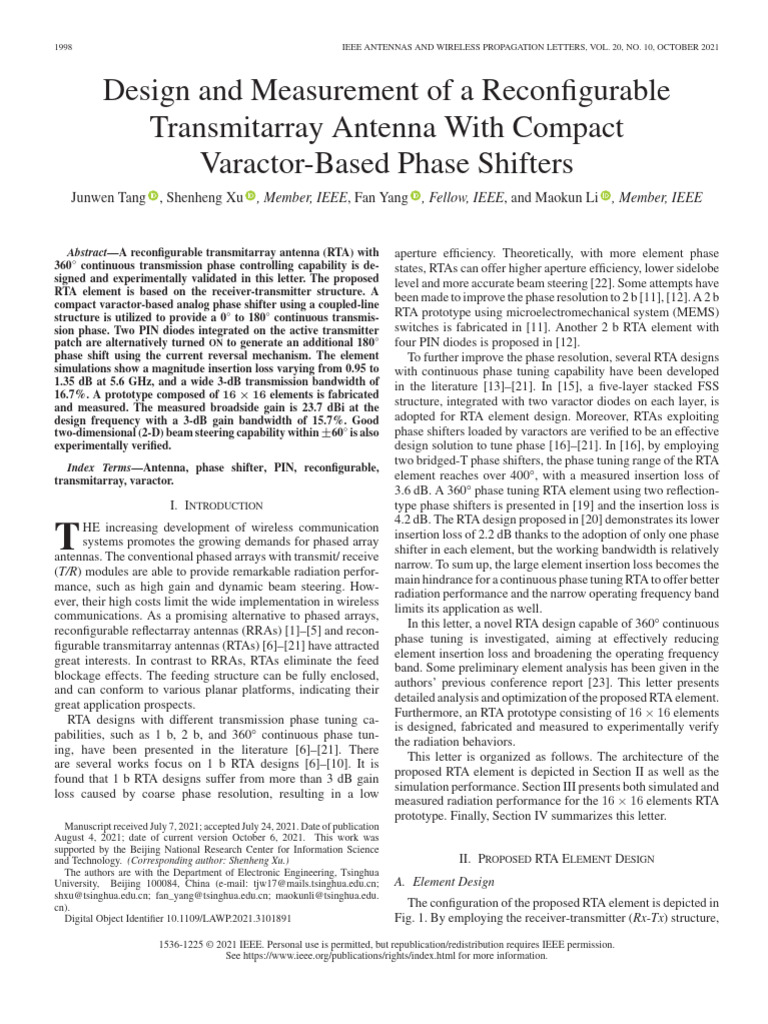 Design and Measurement of A Reconfigurable Transmitarray Antenna With Compact Varactor-Based ...