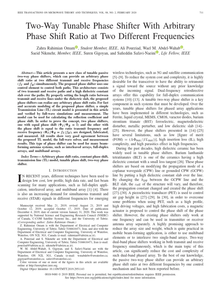 Two-Way Tunable Phase Shifter With Arbitrary Phase Shift Ratio at Two Different Frequencies | PDF