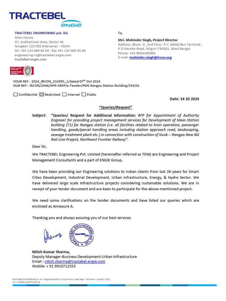 Tractebel - Pre-Bid Queries - AE - PMS Rangpo Station | PDF