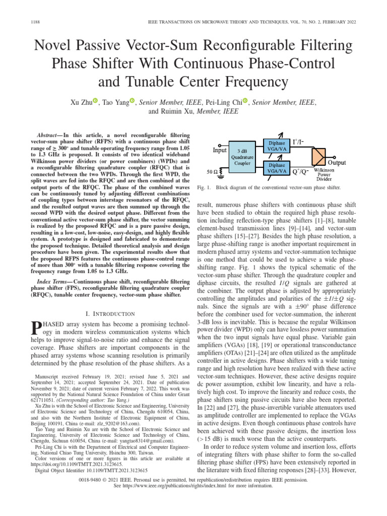 Novel Passive Vector-Sum Reconfigurable Filtering Phase Shifter With Continuous Phase-Control ...