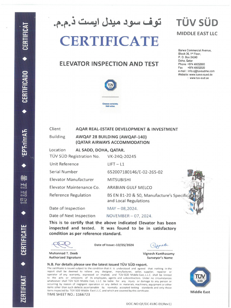 AWQAF 140 - PPM Report - Elevator 3rd Party Certification - May 2024 | PDF