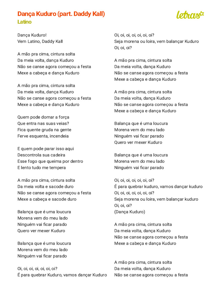 DANÇA KUDURO (PART. DADDY KALL) - Latino (Impressão) | PDF