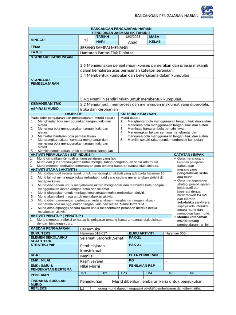 RPH Minggu 12 Pendidikan Jasmani THN 3 2023 by Cikgu Gorgeous | PDF