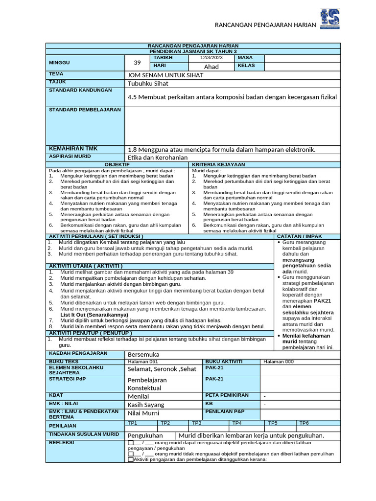 RPH Minggu 39 Pendidikan Jasmani THN 3 2023 by Cikgu Gorgeous | PDF