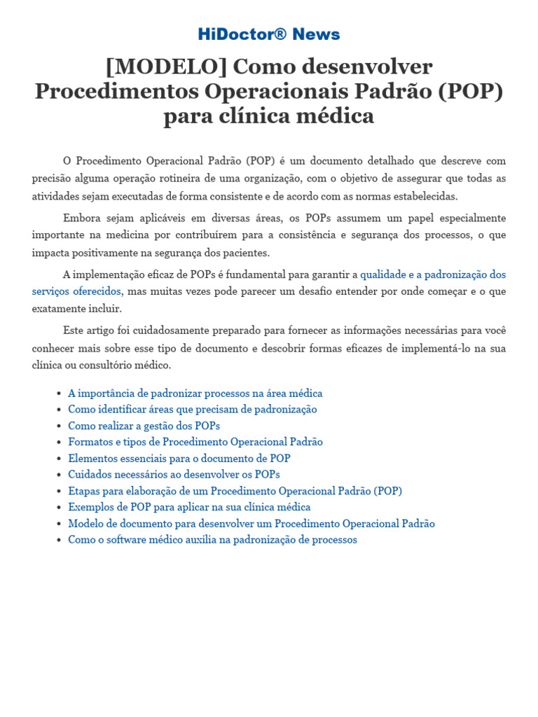 MODELO Procedimentos Operacionais Padrao POP Clinica Medica | PDF
