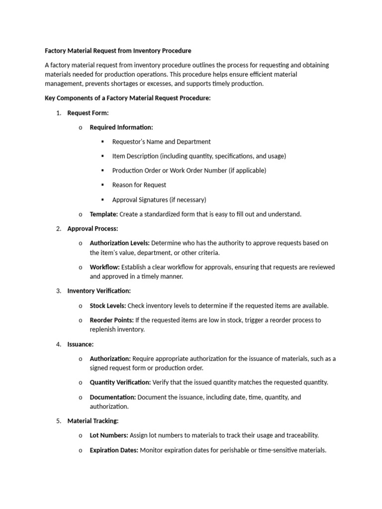 Factory Material Request from Inventory Procedure | PDF