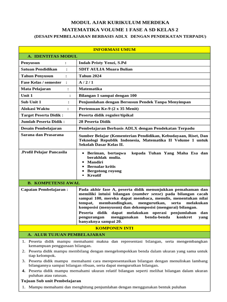 Pert9 - Modul Ajar MATEMATIKA Berbasis ADLX TERPADU Pertemuan | PDF