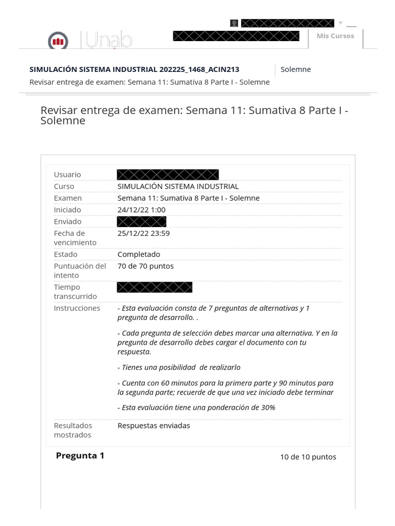 Revisar Entrega de Examen - Semana 11 - Sumativa 8 Parte I - .. | PDF