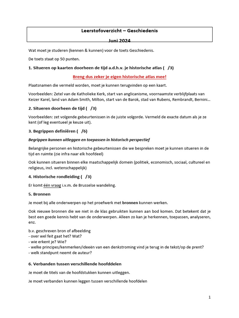 Leerstofoverzicht Geschienis Juni 2324 4E | PDF