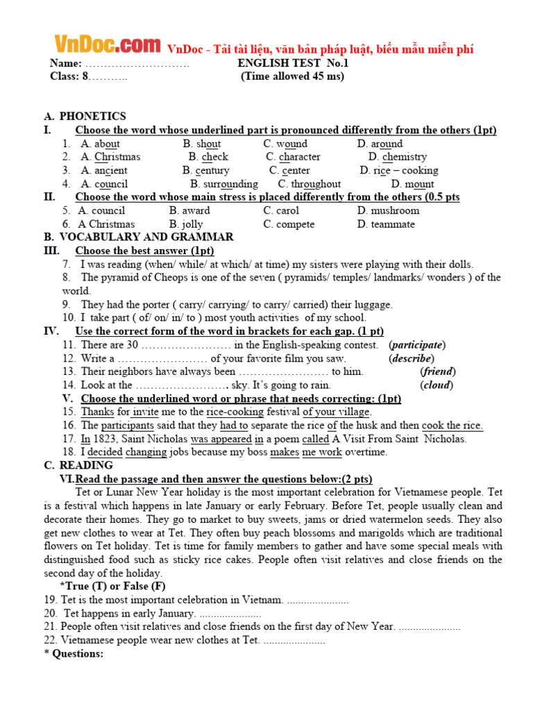 Bo de Thi Hoc Ki Mon Tieng Anh Lop 8 | PDF