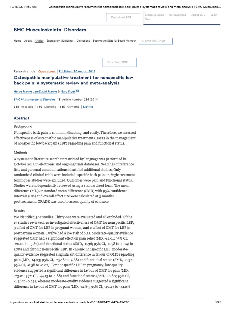 Osteopathic Manipulative Treatment For Nonspecific Low Back Pain - A ...