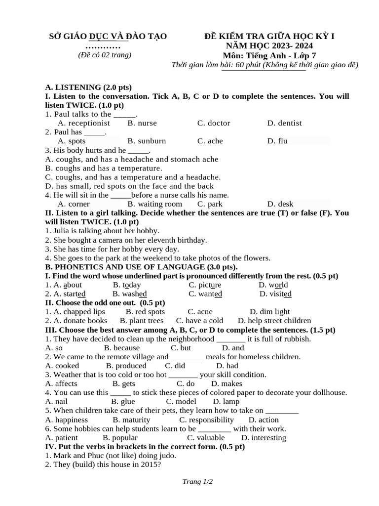 De Thi GHK 1 Tieng Anh 7 de 4 | PDF