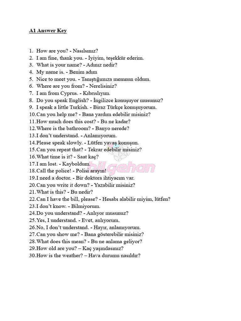 A1 English Test Answer Key | PDF | Cuisine | Foods