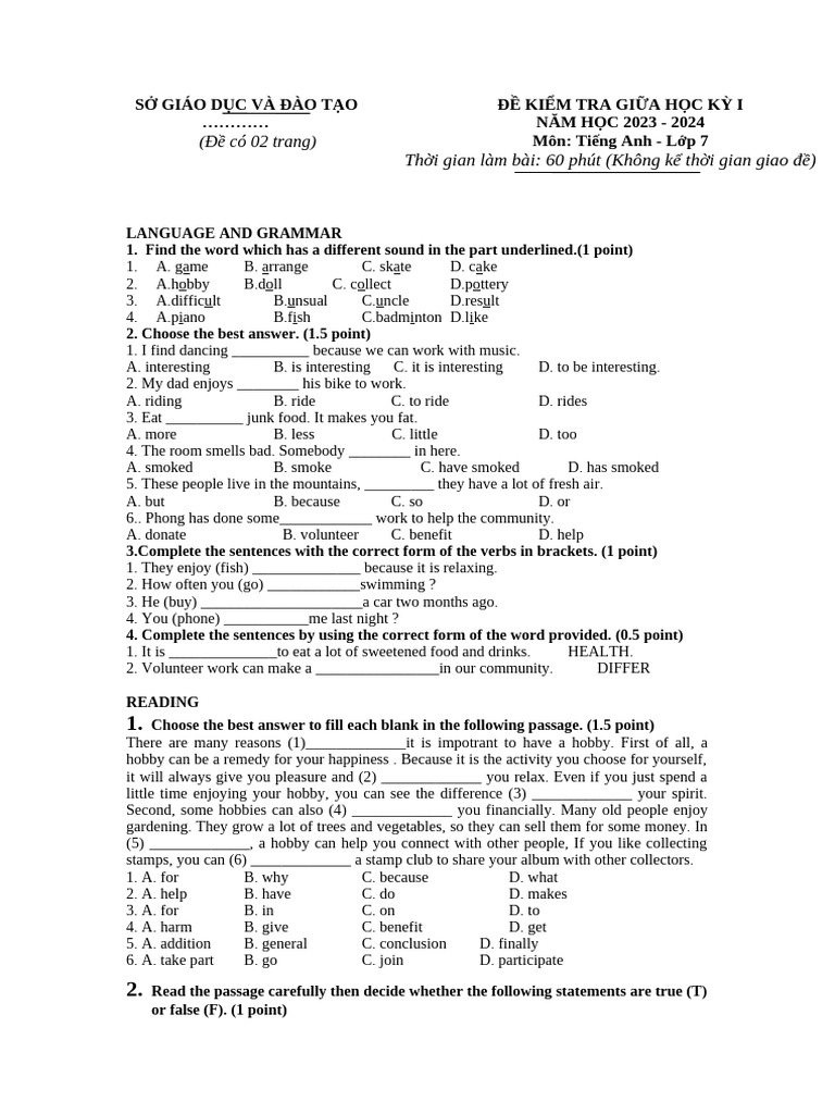 De-thi-ghk-1-tieng-anh-7-de-5 | PDF