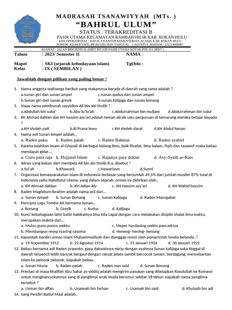 soal ski KELAS IX SEMESTER 2 | PDF